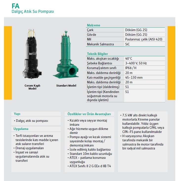 WİLO, Wilo FA 10.33-223E + T 17-4/12H Ex 6.1Hp 380V Atık Su Ağır Hizmet ...